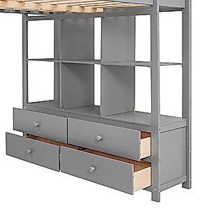 Harper & Bright Designs Full Size Loft Bed with Desk and 2 Drawers, Solid Wood Full Loft Bed with Storage Shelves and Drawers for Girls Boys Teens Adults,No Box Spring Needed,Grey