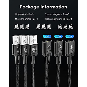Kuulaa 3Pack Magnetic Charging Cable USB C,3A Fast Charging/Data Transmission with 3 in 1 Charging Tips Nylon-Braided Phone Cable Compatible for iProduct/Type C/Micro Device(3.3ft/3.3ft/3.3ft)