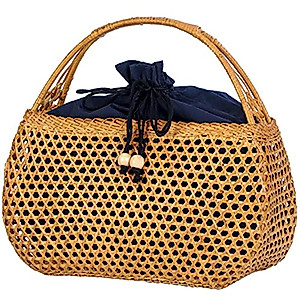 BZGWECD Vintage Rattan Knitted Bag Hollow Handmade Woven Basket Women Bamboo Bags Bohemian Female Summer Beach Handbag Lady (Color : Light Yellow)
