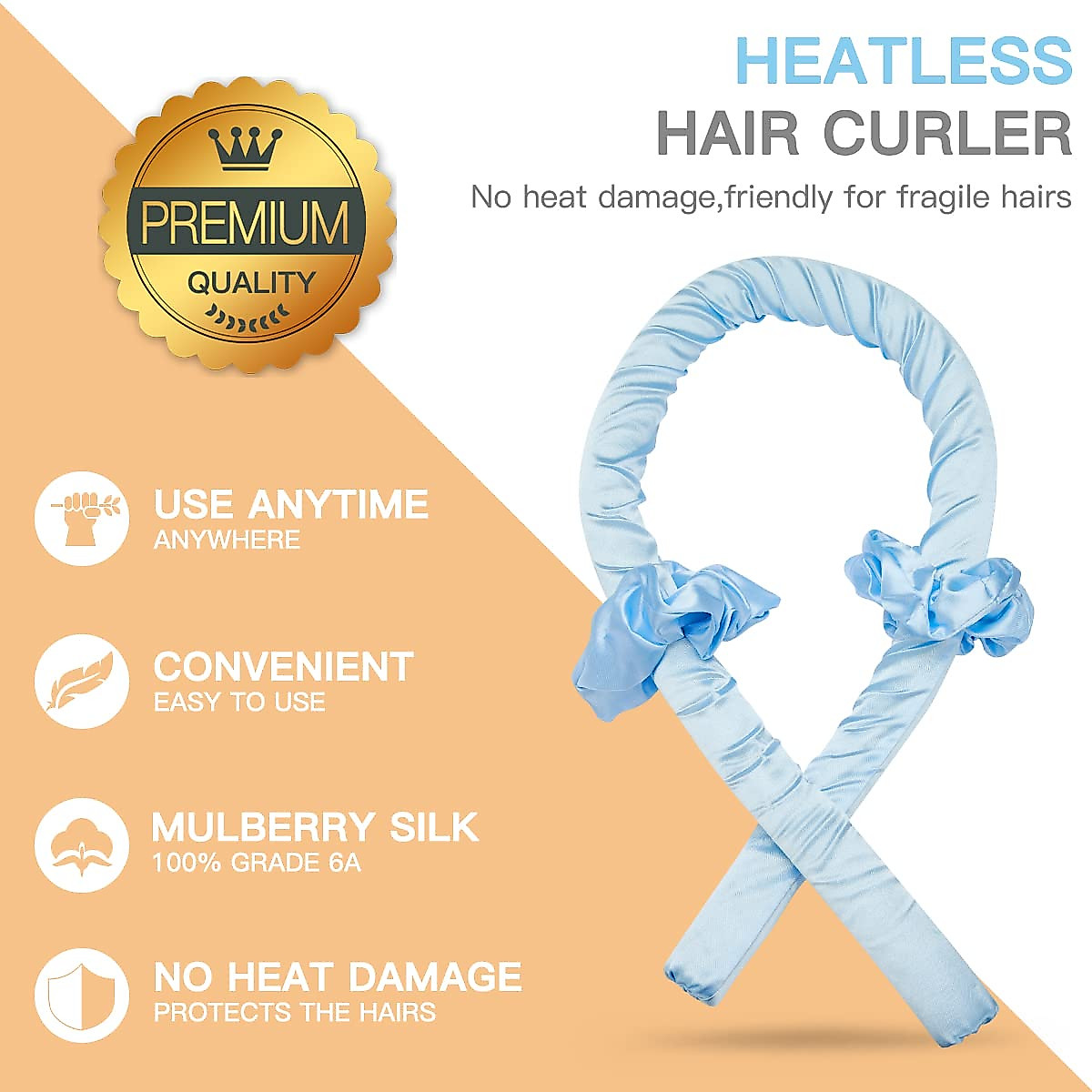 No Heat Curlers, Heatless Curling Rod Headband for Medium and Long Hair, Soft Silk Roller to Sleep In with Hair Clip and Hair Ties for DIY Hair Styling (Blue)