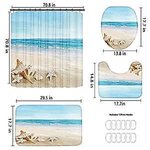4Pcs Summer Beach Shower Curtain Sets Sea Ocean Bathroom Set Decor with Non-Slip Rugs Bath U-Shaped Mat Toilet Lid Cover Waterproof Starfish Shell Bathroom Curtain Shower Set with 12 Hooks, 70.8×70.8
