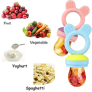 Baby Fruit Food Feeder PacifierTeether Toys Set - Silicone Fresh Food Feeder Teether with 2 mesh Silicone Bags and Teething Toys All in One Infant Teether Toys