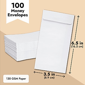 100 Pack Small Money Envelopes for Cash, Coins, Banks, Currency, and Budgeting (White, 3.5 x 6.5 In)