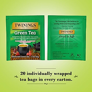 Twinings Green Tea with Pomegranate, Raspberry, and Strawberry - Caffeinated Green Tea Bags Individually Wrapped, 20 Count (Pack of 2) 