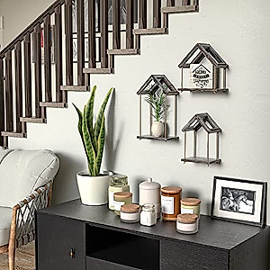 J JACKCUBE DESIGN Set of 3 Rustic Wood Floating Hanging Rope Wall Shelves, Wall Decorative Wooden Boho Decor Shelf for Living Room Bedroom Home Apartment Decor - MK664A