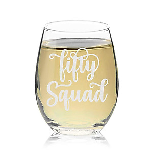 Veracco Fifty Squad Stemless Wine Glass 50th Birthday Gift For Him Her Fifty and Fabulous (Clear, Glass)