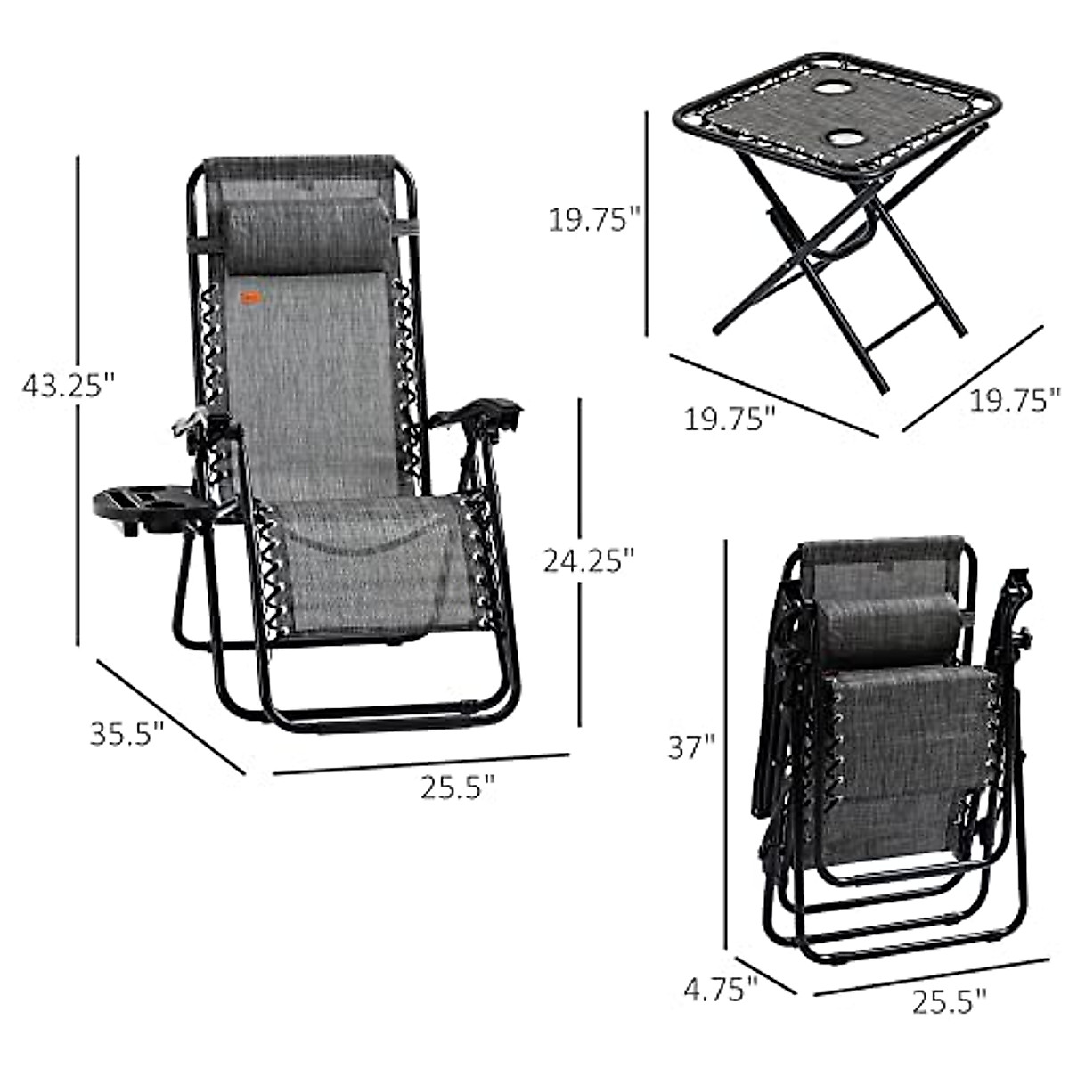 Outsunny Zero Gravity Chairs Set of 2 with Folding Table & Cup Holder Trays, Reclining Chaise Lounge Pool, Camping & Patio Chairs, Pillows, Gray