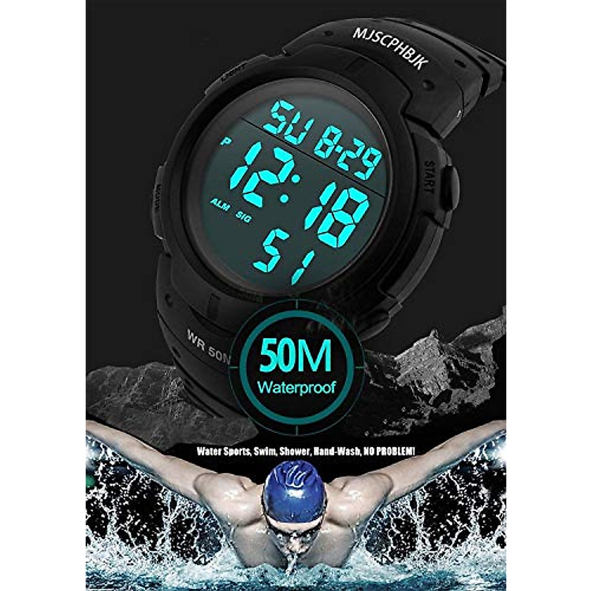 MJSCPHBJK Mens Digital Watch, Sports Military Watches Waterproof Outdoor Chronograph Watch for Men with LED Back Ligh/Alarm/Date