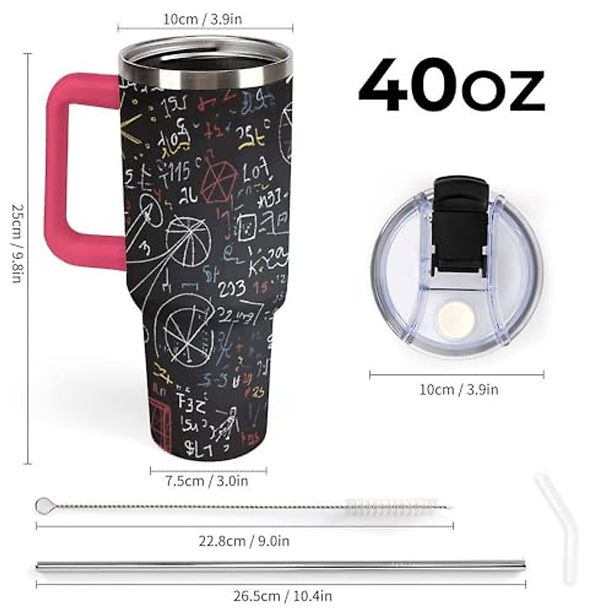 40 Oz Vacuum Tumbler with Light Rose Red Handle Leakproof Insulated Tumbler Mathematics And Physics Stainless Steel Travel Mug with Lid And Straw Coffee Cup Cute Water Bottles Cup Holder Friendly