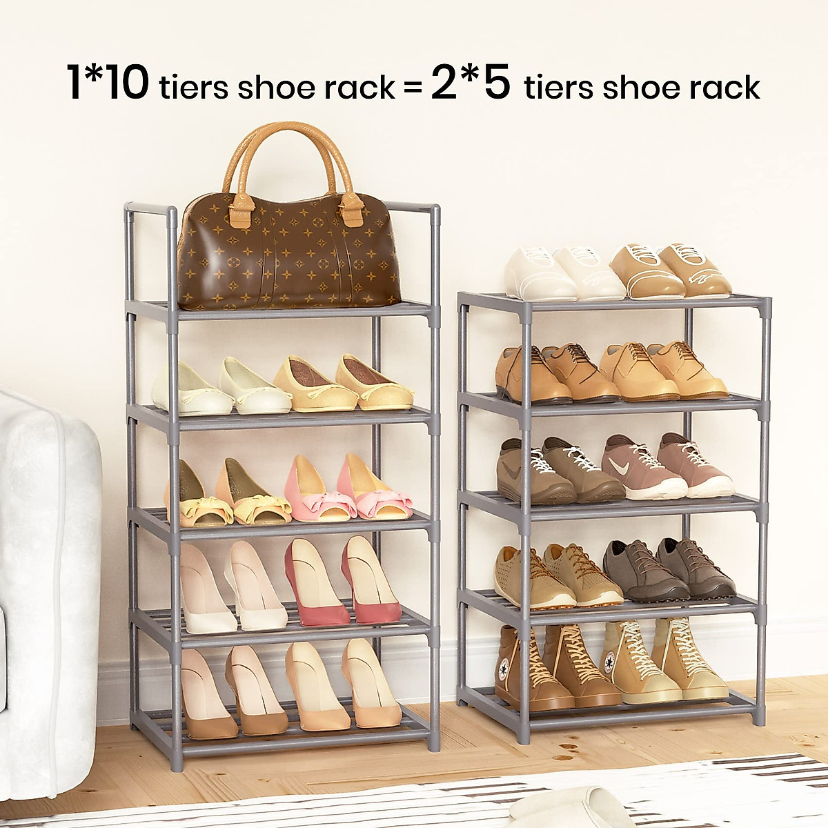 WEXCISE 10 Tiers Tall Shoe Rack Narrow 20-24 Pairs Shoe Rack for Closet Entryway Vertical Metal Shoe Rack Organizer Shoe and Boots Organizer Storage Sturdy Shoe Shelf Shoe Stand Gray