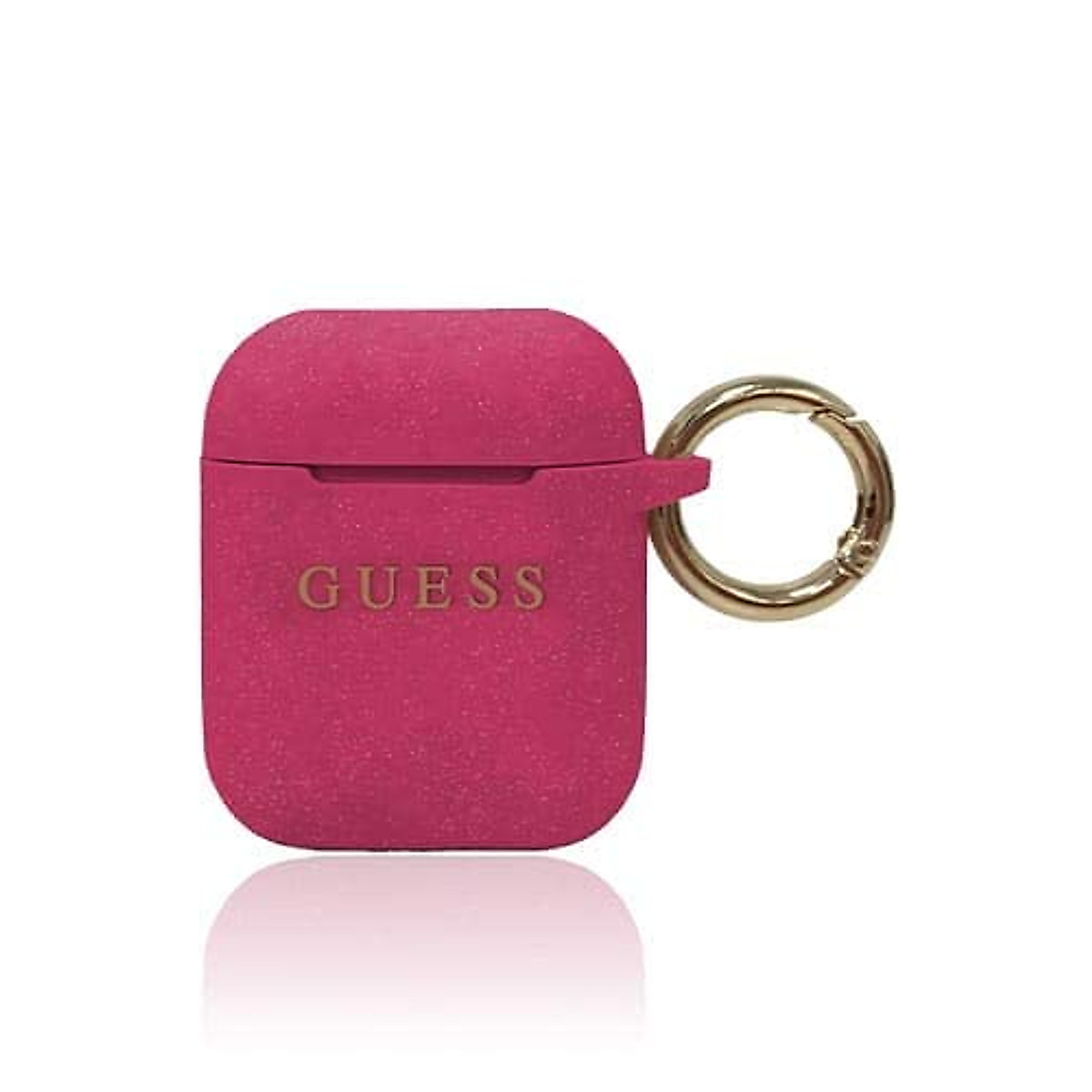 Guess AirPods Case Cover in Fuschia Glitter with Keychain Slot, Compatible with Apple AirPods 1 and AirPods 2, Silicone Protective Hard Case, Shockproof, Wireless Charging, and Signature Printed Logo