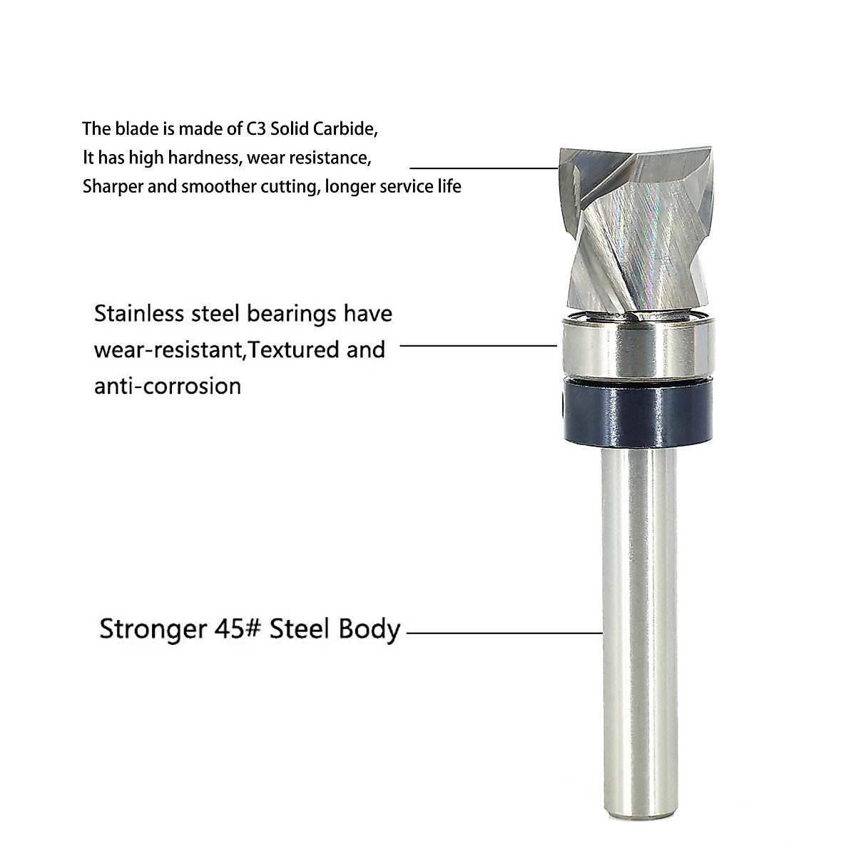 SICWOOD Solid Carbide Compression Flush Trim Router Bit 1/4 Shank, 2+2 Flute, 1/2" Diameter, 1/2" Cutting Length, Pattern and Mortising Trim Router Bit, Template Top Bearing Router Bit