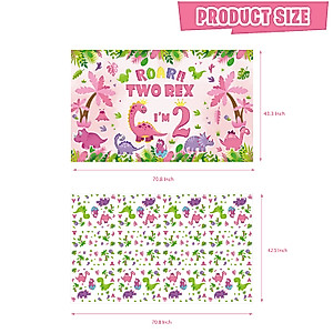 KOTLMIGHT Dinosaur Birthday Party Supplies for 2 Year Old Girl, Two Rex Pink Dinosaur Dino Party Decorations for Girls Baby - Backdrop, Banner, Toppers, Cupcakes Wrappers, Balloons and Tablecloth