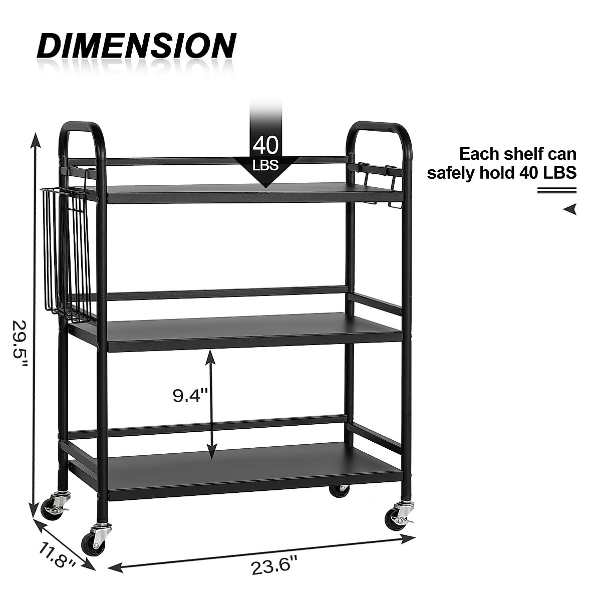 HDANI 3 Tier Metal Rolling Utility Cart,High Capacity Multi Purpose Heavy Duty Cart,for Office,Kitchen,Living Room,Bedroom,Etc.(Black)