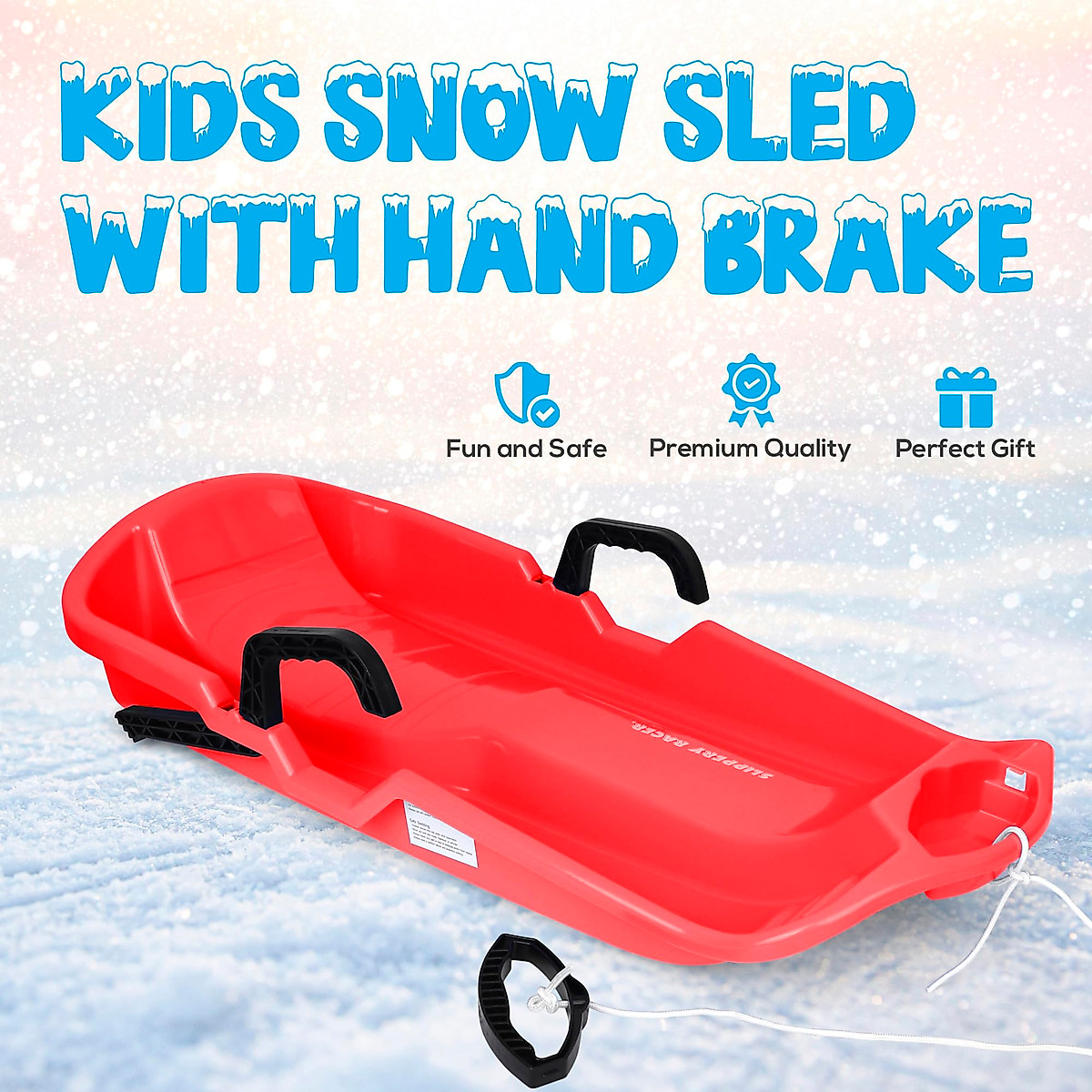 Slippery Racer Downhill Thunder Flexible Plastic Toboggan Snow Sled with Built in Brake System, Pull Rope, and Handle Grips, Red
