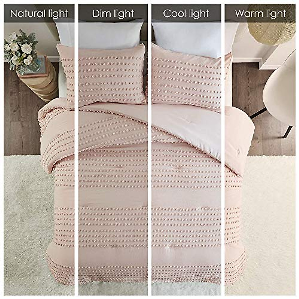 Comfort Spaces 100% Comforter Set Cotton Jacquard Pom Tufts Design Hypoallergenic Down Alternative, All Season Modern Bedding, Matching Shams, Full/Queen, Phillips, Blush