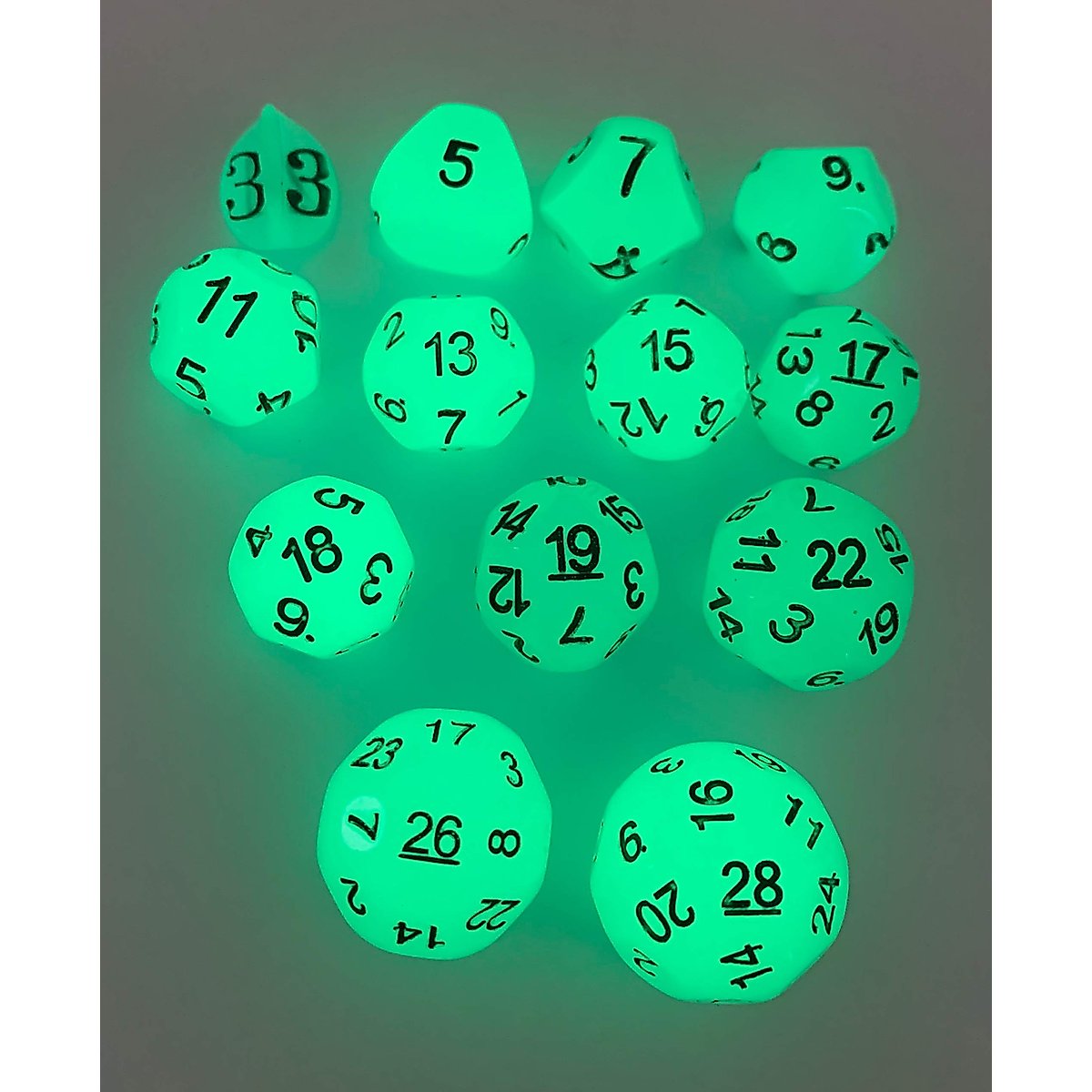 Impact! Miniatures Glow in The Dark - Weird RPG Poly Dice Set - D3, D5, D7, D9, D11, D13, D15, D17, D18, D19, D22, D26 & D28
