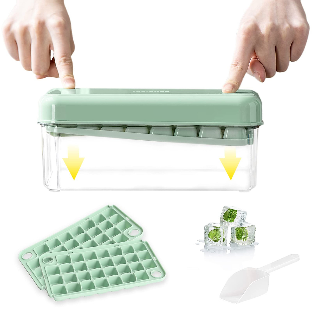 Funfmm Ice Cube Tray with Lid and Bin, 60 Mini Ice Cubes for Freezer, 2 Trays for Chilling Drinks and Juices, BPA Free Ice Cube Molds (Green)