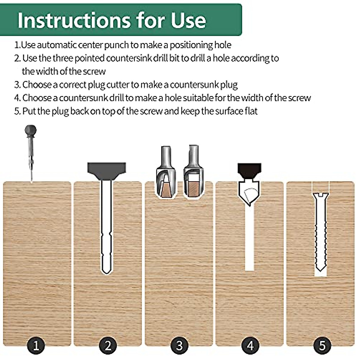 A young store 23 Pack Woodworking Chamfer Drilling Tool, 6pcs Countersink Drill Bit, 7pcs Three Pointed Countersink Drill Bit, 8pcs Wood Plug Cutter, with L-Wrench and Automatic Center Punch