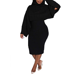 Famnbro Women's 2 Piece Winter Outfits Cable Knit Turtleneck Cropped Sweater Bodycon Midi Dress Sets