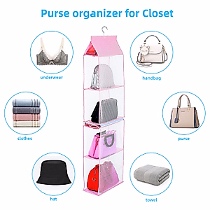 KEEPJOY Closet Purse Organizer, Hanging Handbag Organizer with 4 Heavy-Duty Mesh Shelves Closet Purse Storage Bag (Pink)