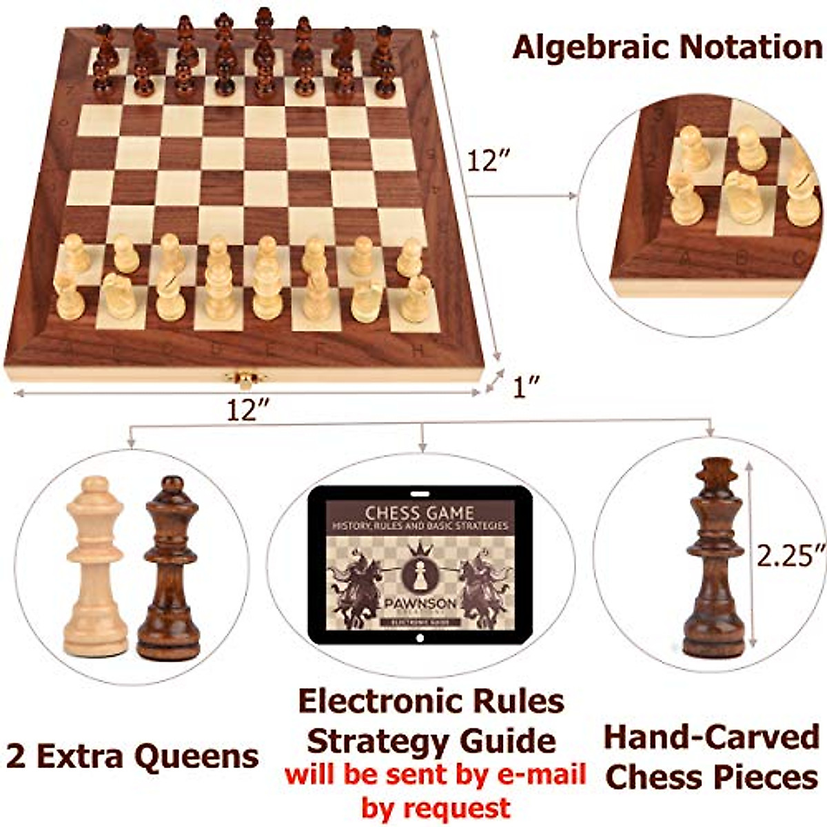 Magnetic Wooden Chess Checkers Set for Kids and Adults - 12 in Staunton Chess Set - Travel Portable Folding Chess Board Game Sets - Storage for Wood Pieces - 2 Extra Queens