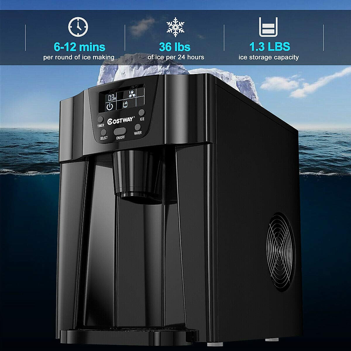 Refrigeration Modern High-Efficiency Maker Water Dispenser Countertop 36Lbs/24H LCD Display Portable Black Portable 2 In 1 Ice Ice-Making Restaurants, Bars Canteens, Snack