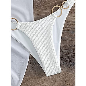 WDIRARA Women's Ring Halter Triangle Bikini Swimsuit 3 Piece Tie Back with Cover Up Bathing Suit White XXL