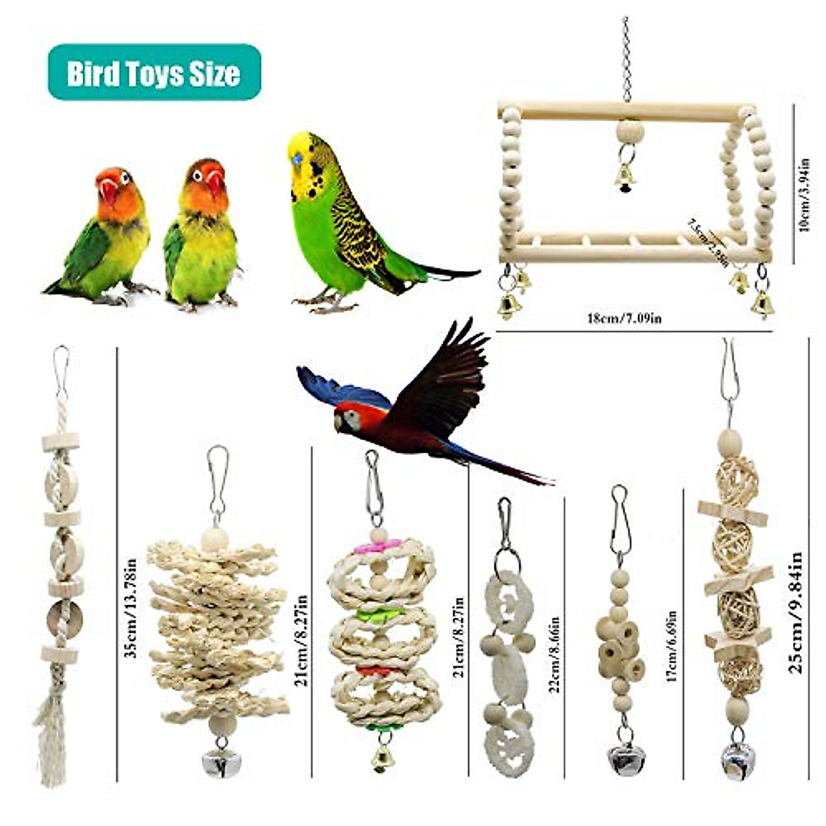 VolksRose 7 Packs Bird Parrot Swing Chewing Toys, Hanging Hammock Bell Pet Bird Climbing Stand Cage Toys Suitable for Small Parakeets, Cockatiels, Conures, Budgie, Macaws, Parrots, Mynah, Love Birds