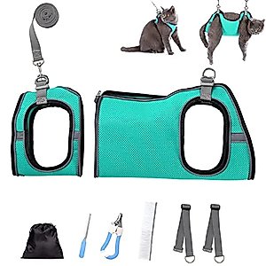 RHD Multi-Function Detachable Pet Grooming Hammock Harness & Vest Harness, 4.6ft Nylon Pet Leash, Pet Grooming Supplies Kit with Nail Clippers, Nail File, Pet Comb - Soft,Mesh,Reflective Thread,Cyan,S