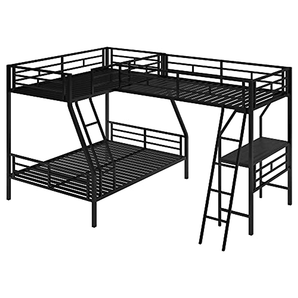 RORIGAT Metal Bunk Bed, Twin Over Full Size Triple Beds with Desk, L-Shape Loftbed for 3, Space-Saving Design/No Box Spring Needed, Black
