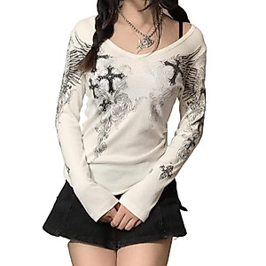 Y2K Fairy Grunge Long Sleeve Top Graphic Print Crop Top Tee Vintage Rhinestone Slim Fit Tee Shirt(ZCC-White,S)
