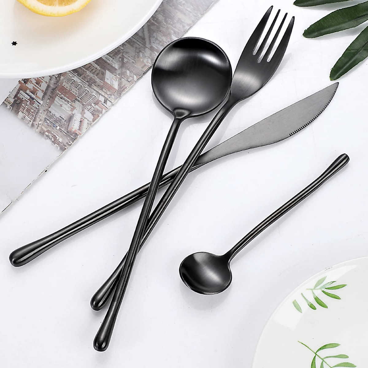 JASHII 304 Flatware Set Matte Black Silverware Set Satin Finished 18/8 Stainless Steel Cutlery Set with Round Handle 24 Piece Wedding Housewarming Gift Service for 6