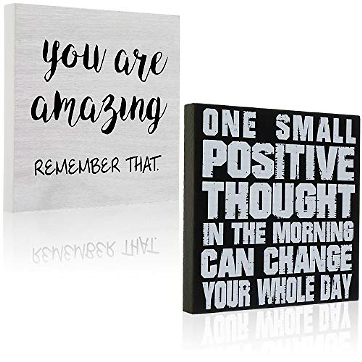 2 Pieces Wooden Inspirational Box Signs You Are Amazing Desk Home Decor Signs Rustic Positive Wood Plaque, One Small Positive Thought in the Morning Can Change Your Whole Day Sign, 5.25 Inch
