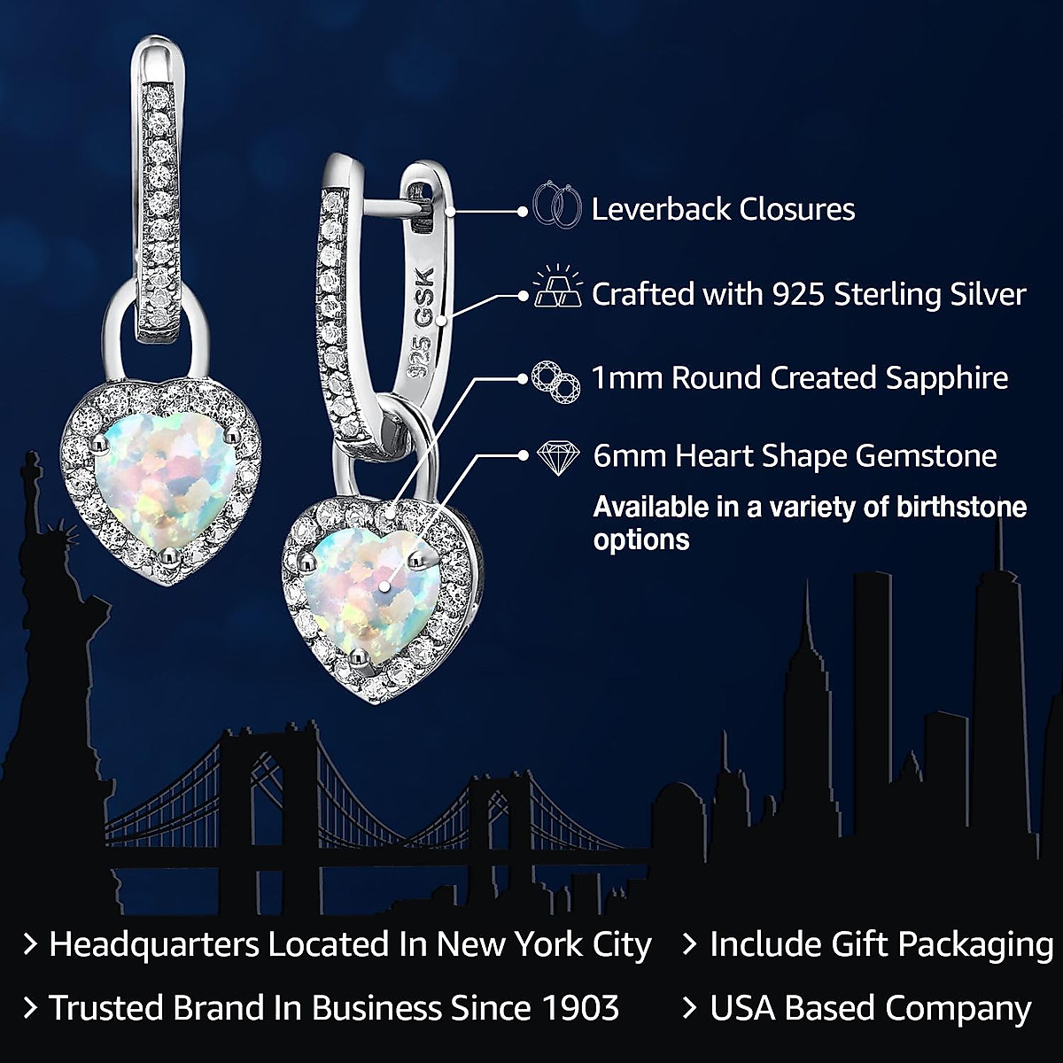 Gem Stone King 925 Sterling Silver Heart Gemstone Birthstone and White Created Sapphire Earrings | Heart Shape 6MM | Drop Dangle Earrings for Women