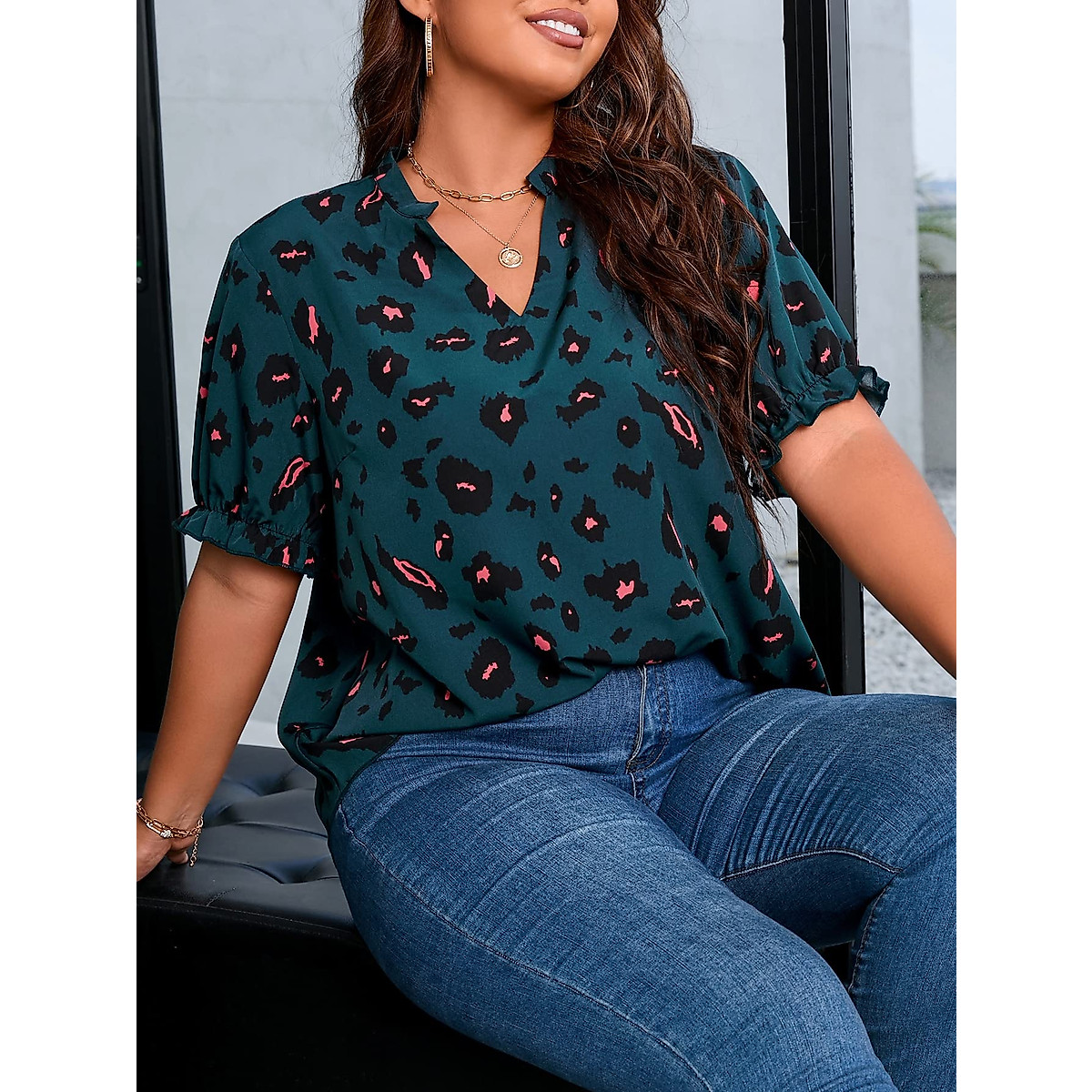 SOLY HUX Women's Plus Size Allover Printed Notched V Neck Short Sleeve Casual Blouse Tops Teal Blue 1XL