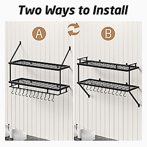 KES 30-Inch Kitchen Pot Rack - Mounted Hanging Rack for Kitchen Storage and Organization- Matte Black 2-Tier Wall Shelf for Pots and Pans with 12 Hooks - KUR215S75B-BK