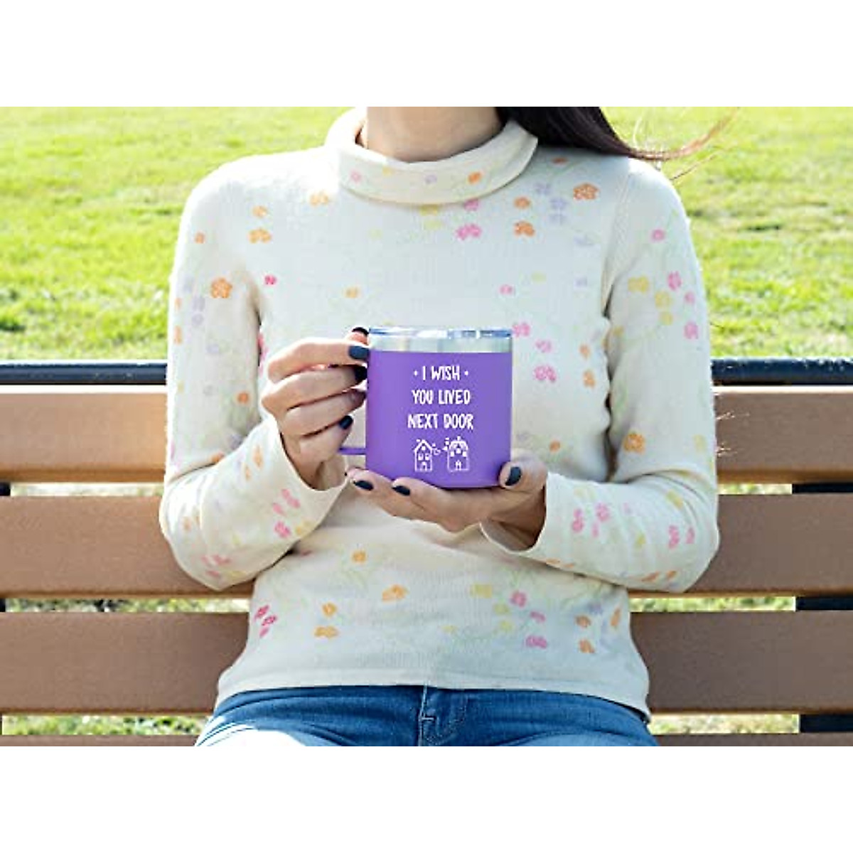 KLUBI Best Friend Gift Women - “I wish you lived next door” 14oz Purple Tumbler Mug - Cute idea for Friendship, Long Distance, Bestie, Birthday, Present, Female, Hostess, BFF