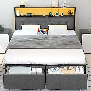 Yoobure Queen Size Bed Frame, Metal Platform Bed Frame Queen Size with Headboard, Noise Free Bed Frames with Storage Drawers, Bedframe with Charging Station LED Light, Heavy Duty, No Box Spring Needed