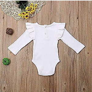 Mubineo Infant Baby Girl Basic Plain Rib Knit Ruffle Long Sleeve Romper Bodysuit Tops (White, 12-18 Months)