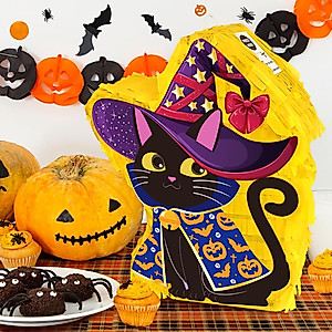 Halloween Pinata Black Cat Pinata for Kids and Adults Halloween Black Cat in Witch Cloak Pinata with Stick and Blindfold for Halloween Theme Party Decoration, Cute and Spooky Halloween Party Supplies