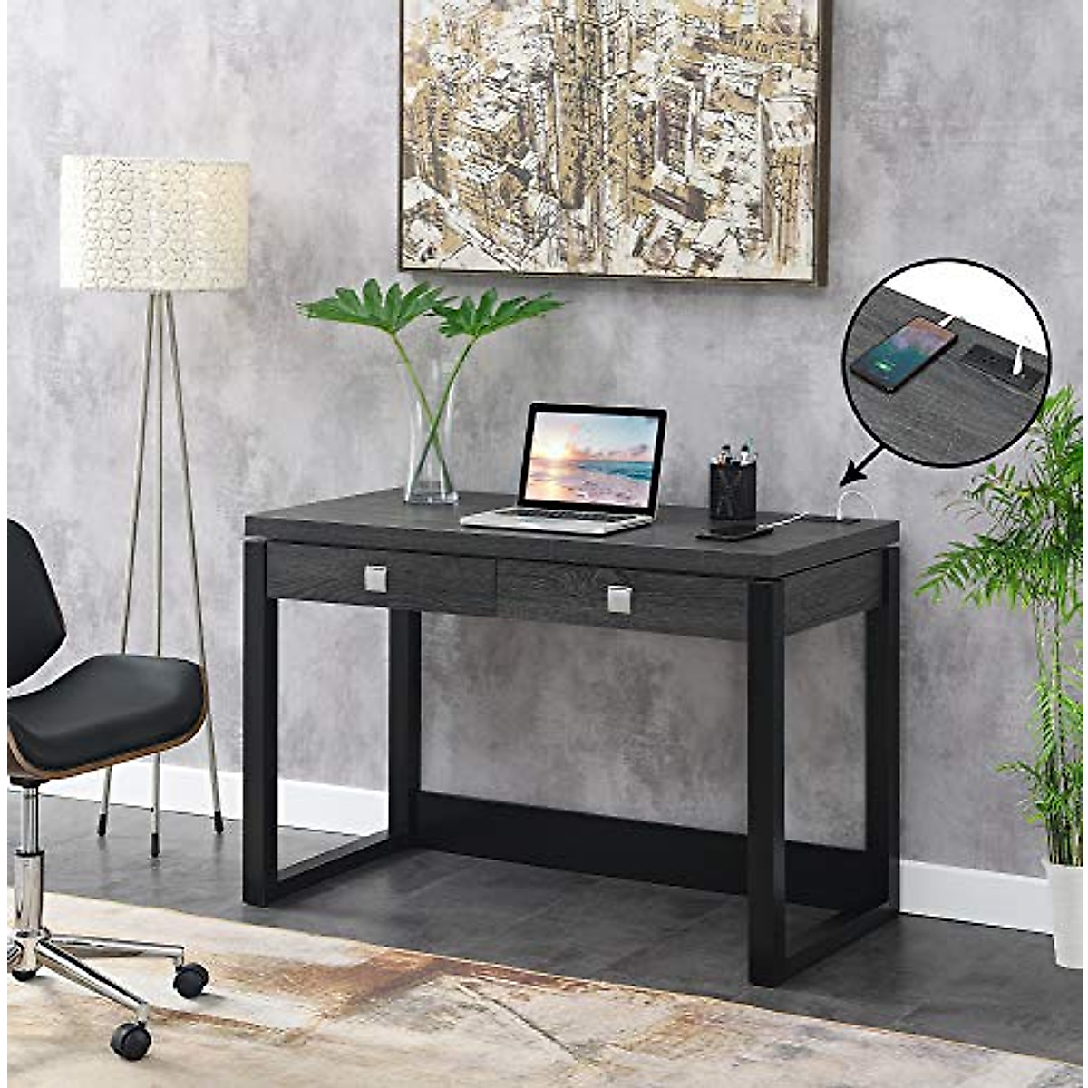 Convenience Concepts Newport 2-Drawer Desk with Charging Station, Weathered Gray/Black
