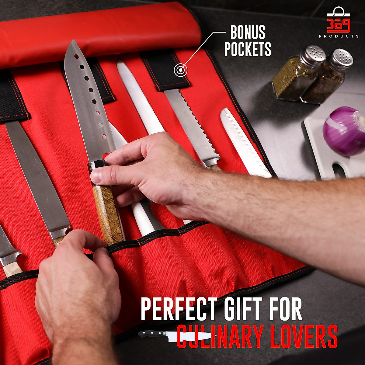 369 Products Chef Knife Bag - 18" x 7" x 3" Waterproof Polyester Knife Roll Bag with 13 Slots, Stylish Leather Straps and Detachable Shoulder Harness, Additional Zipper Compartment