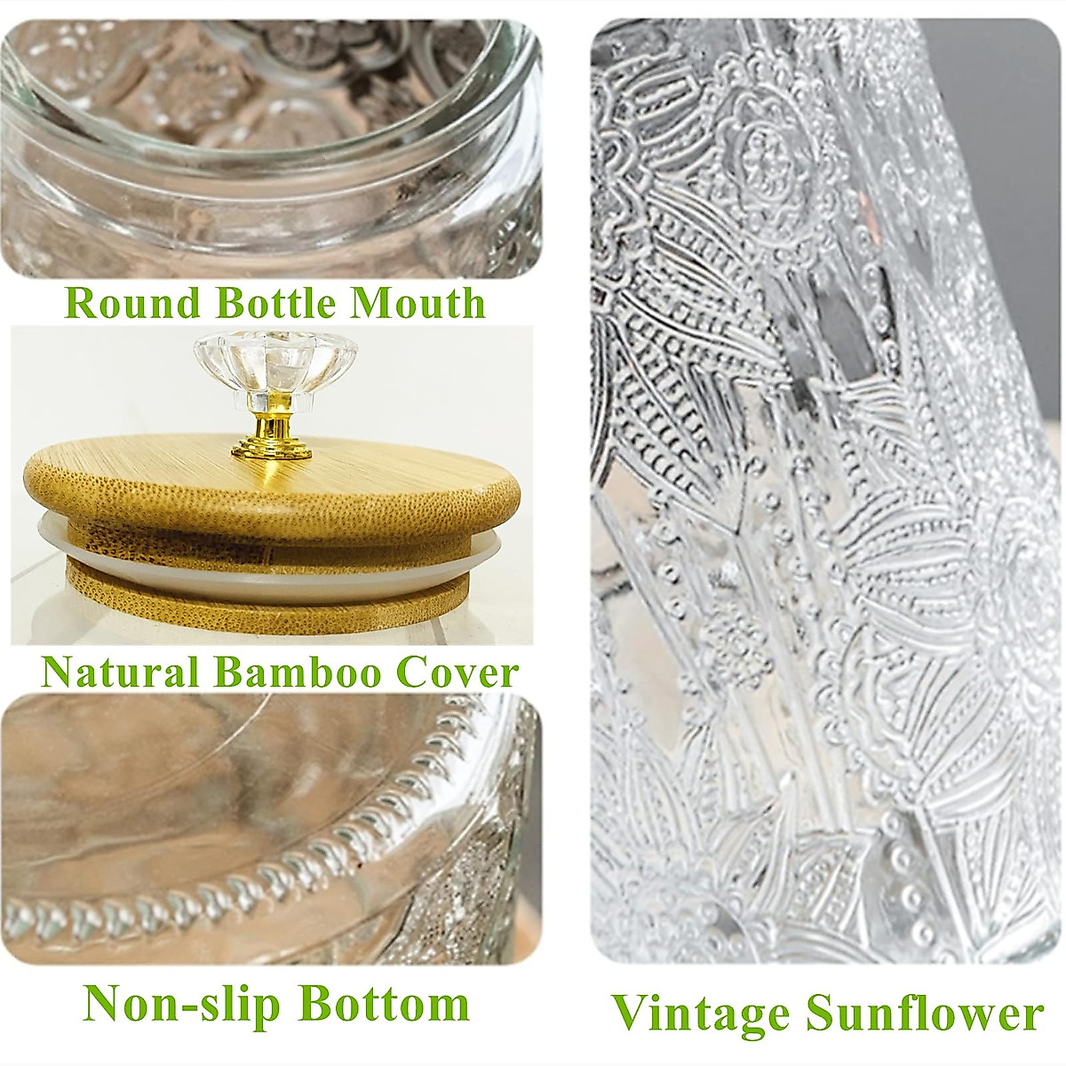 H2SON Glass Containers with Lids, 34 FL OZ Food Canisters Storage Jars with 350 Count Floss Picks, Sourdough Starter Jar for Kitchen Counter, Using Pet Treat Pantry, Coffee, Tea, Sugar （Sunflower）