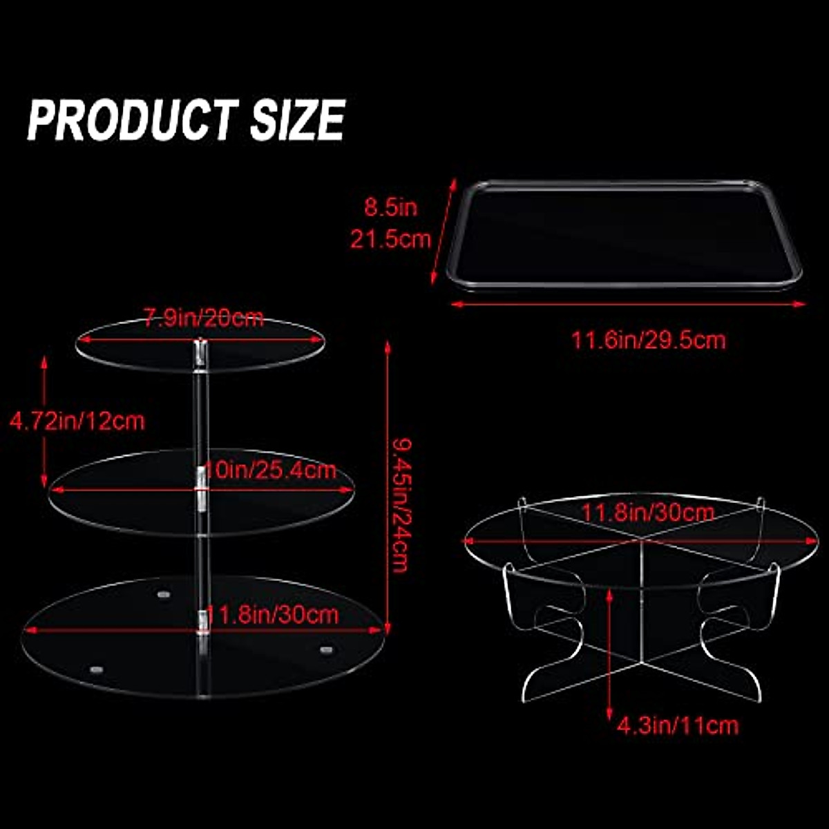 Sawysine 4 Pcs Acrylic Cupcake Stand Set Include 3 Tier Round Cake Stand 1 Tier Dessert Stands Holder 2 Pieces Clear Serving Platter for Tea Party Wedding Birthday Baby Bridal Shower Party Supplies