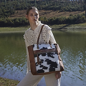 Myra Bag Cowhide Purse - Oakley Specks Cowhide Purses for Women with Floral Tooled Leather Accent, Cow Hide Purse and Canvas Tote, Cowhide Fringe Purse, Western Gifts for Women