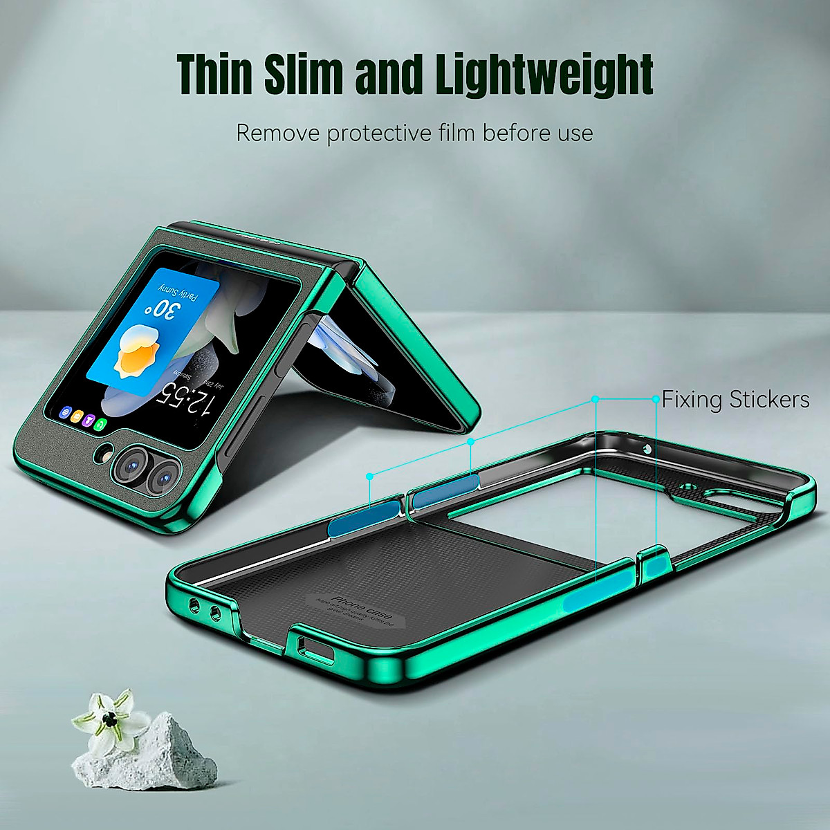 MATEPROX Phone Case for Samsung Galaxy Z Flip 5 Case, Slim Thin Lightweight Protective Phone Case with Non-Slip Leather Back with Electroplated Frame for Samsung Galaxy Z Flip 5 5G-Green