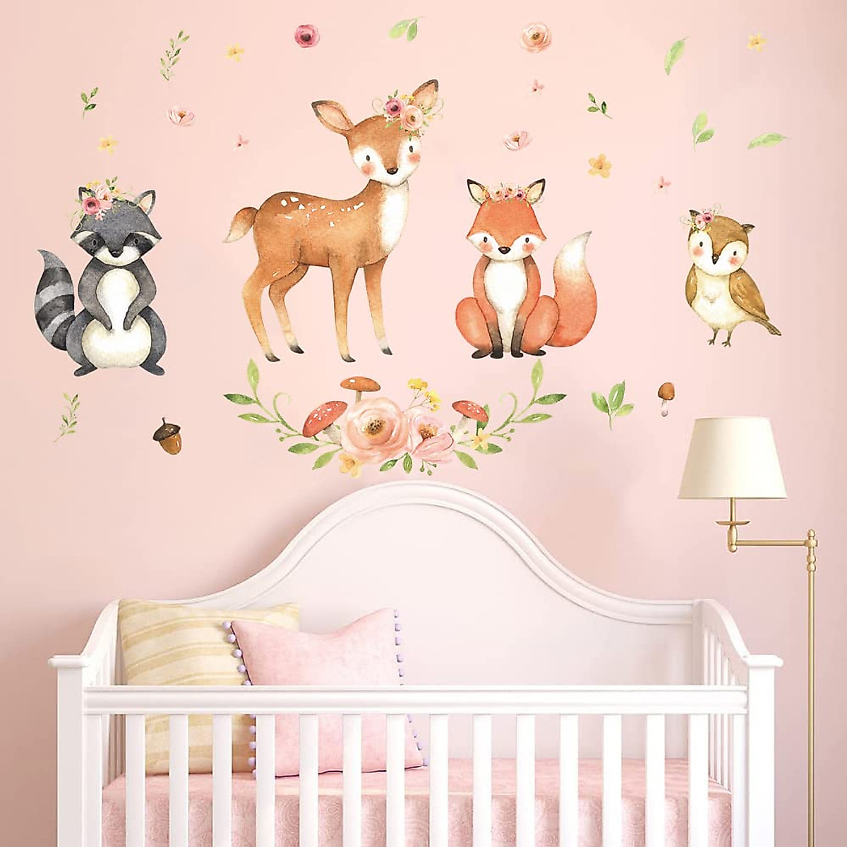 Supzone Woodland Animal Wall Decals Cartoon Animal Wall Stickers Cute Raccoon Deer Fox Owl Forest Animal Wall Decal for Kids Baby Nursery Playroom Bedroom Wall Decor