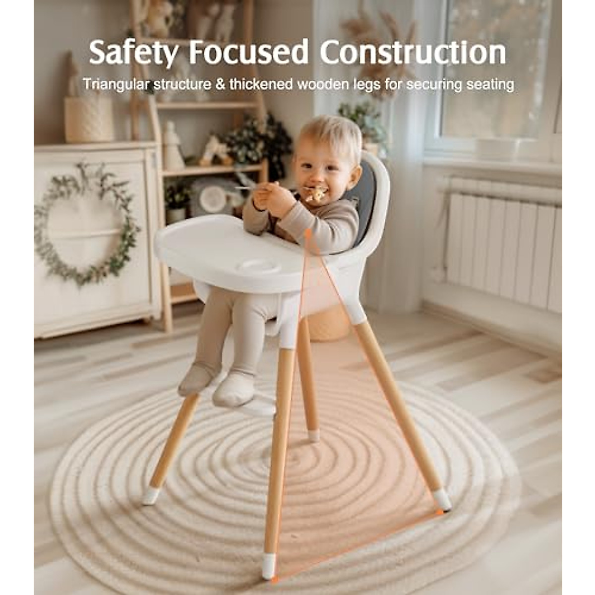 Convertible Baby High Chair, 3-in-1 Wooden Highchair/Toddler Chair with Removable Tray, Feeding & Dining Chair with 5-Point Harness, PU Cushion, Footrest for Babies & Toddlers, Dark Gray