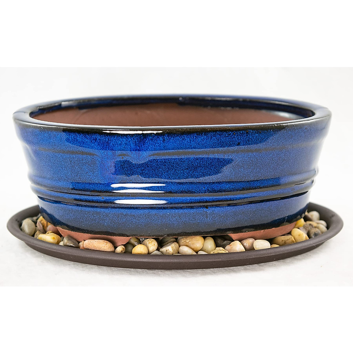 bigsnowball 8" Oval Dark Blue Bonsai/Cactus & Succulent Pot + Tray + Rock + Mesh Combo